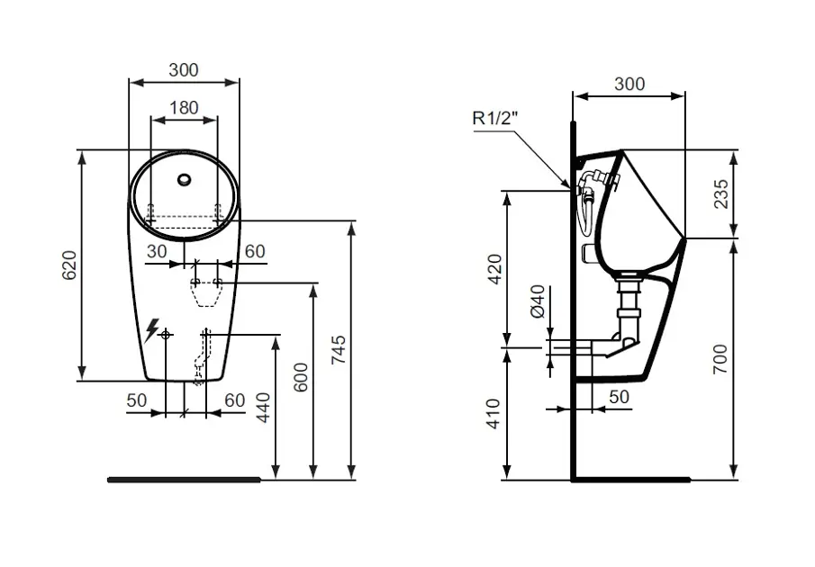 Ideal Standard Sphero - Elektronisches Pissoir, Zuleitung hinten ...