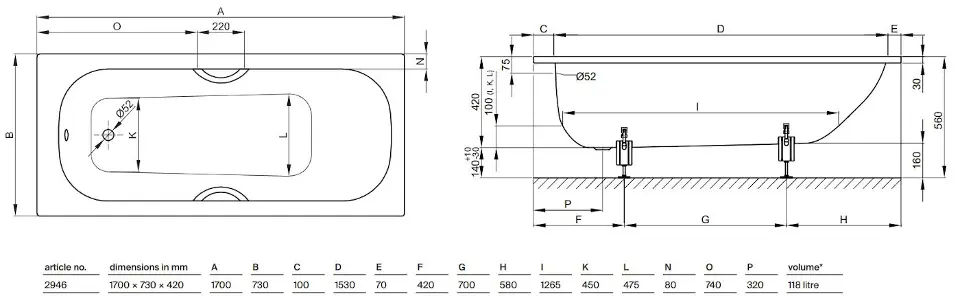 Bette Form - Bañera encastrada 170x73 cm, Anti-Slip, BetteGlaze Plus ...