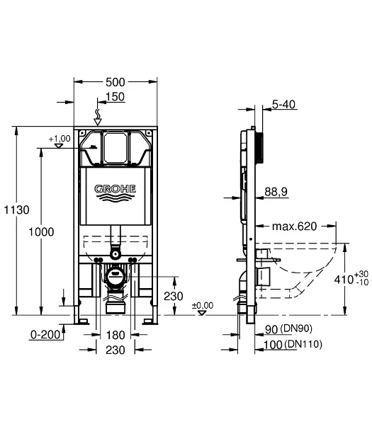 Grohe Rapid SL - WC element voor hangend toilet, Slim spoelreservoir ...