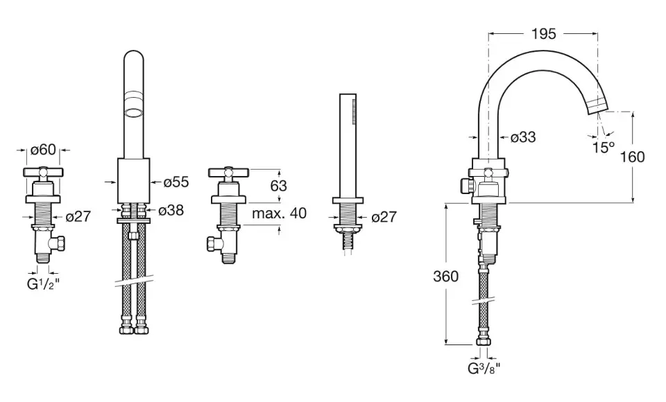 Roca Loft - Grifo para borde de bañera, instalación de 4 orificios ...