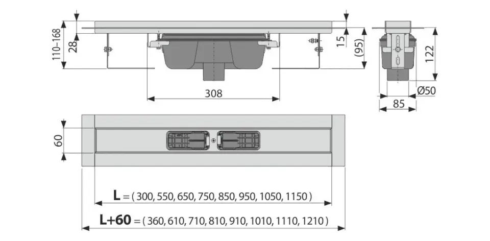 Alcadrain Odtokové žlaby - Sprchový žlab Professional 115 cm, s okrajem ...