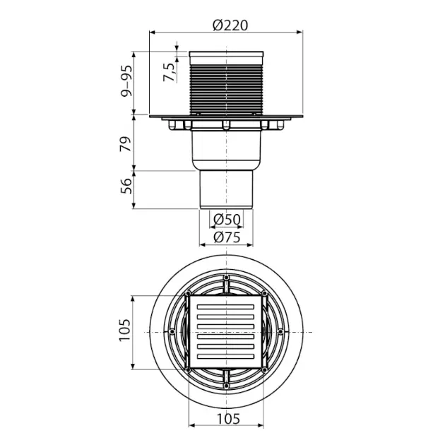 Alcadrain Odtokové kanálky - Podlahová vpust přímá 11x11 cm, průměr 5/8 ...