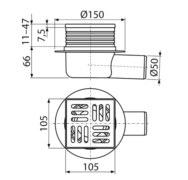 Alcadrain Odtokové kanálky - Podlahová vpust boční 11x11 cm, průměr 5 ...