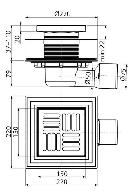 Alcadrain Odtokové kanálky - Podlahová vpust boční 15x15 cm, průměr 5/8 ...