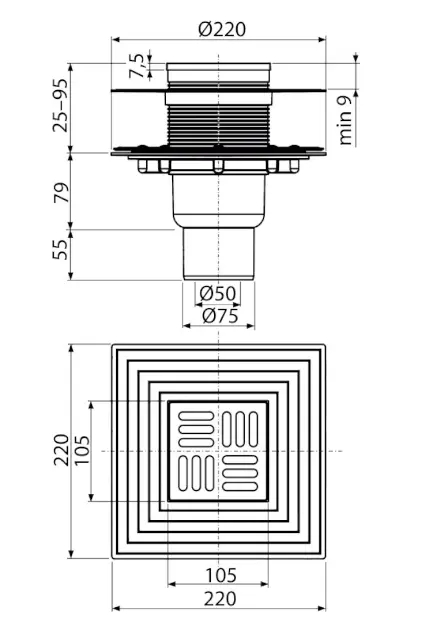 Alcadrain Odtokové kanálky - Podlahová vpust přímá 11x11 cm, průměr 5/8 ...