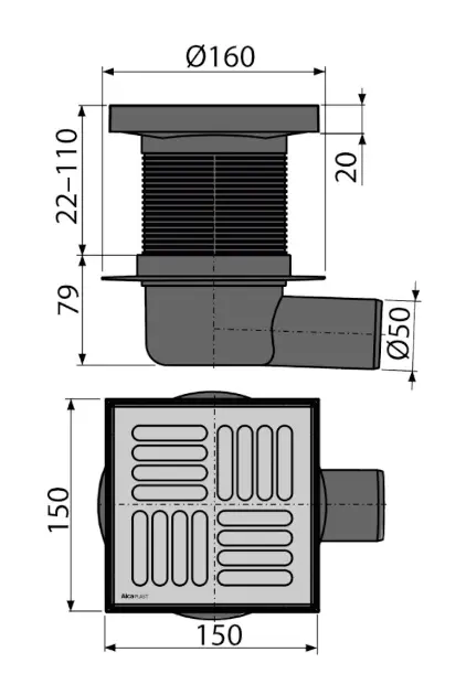 Alcadrain Odtokové kanálky - Podlahová vpust přímá 15x15 cm, průměr 5 ...