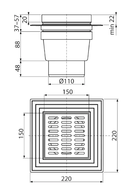 Alcadrain Odtokové kanálky - Podlahová vpust přímá 15x15 cm, průměr 11 ...