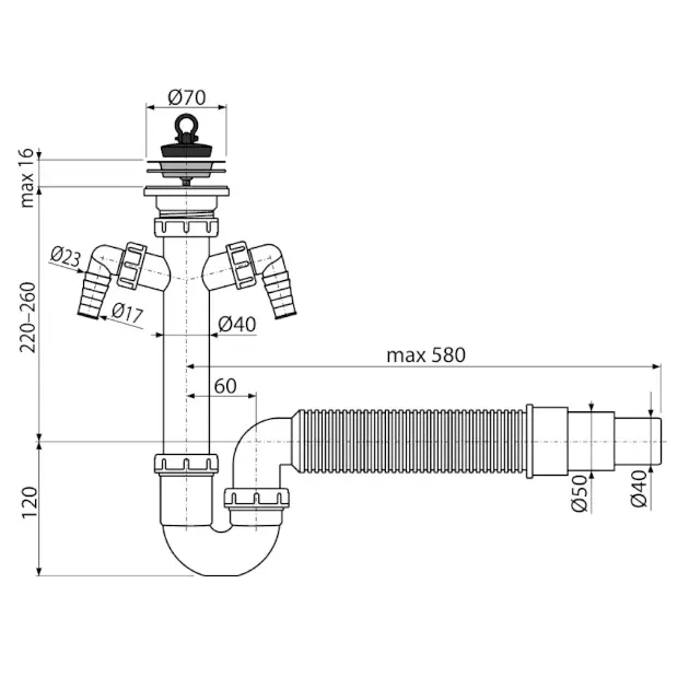 Alcadrain Sifóny - Drezový sifón, priemer 70 mm, s 2 prípojkami, s ...