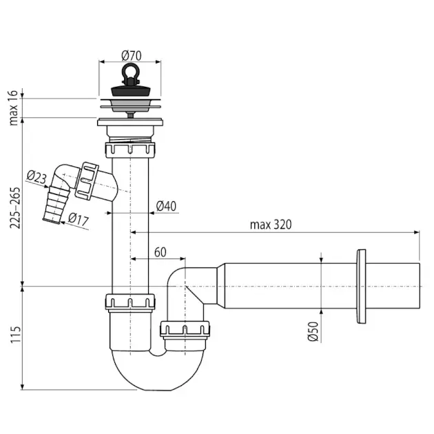 Alcadrain Sifóny - Drezový sifón, priemer 70 mm, s prípojkou, plast ...