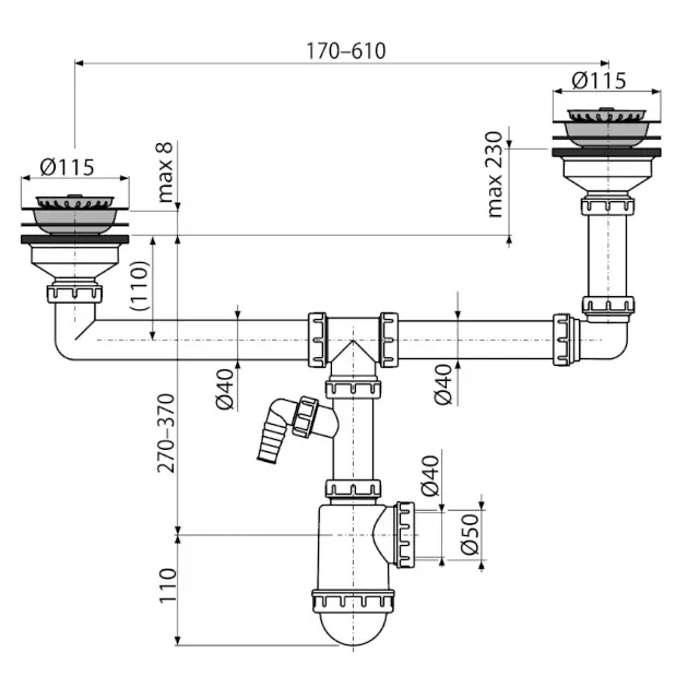 Alcadrain Sifony - Sifon pro dvoudřez, průměr 115 mm, dvouúrovňový, s ...