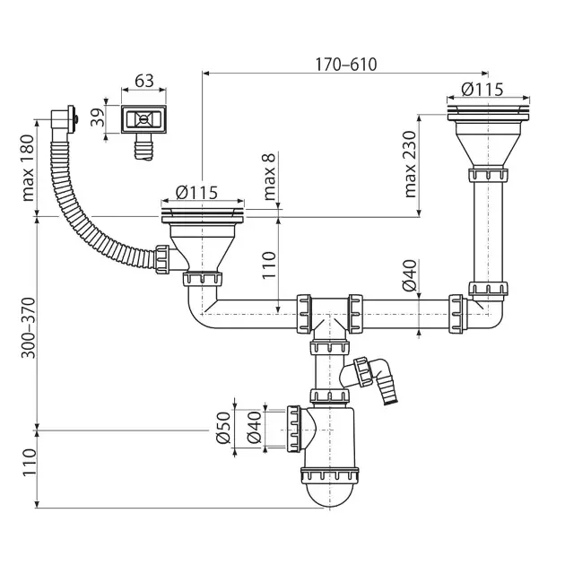 Alcadrain Sifóny - Sifón pre dvojdrez, priemer 115 mm, dvojúrovňový, s ...