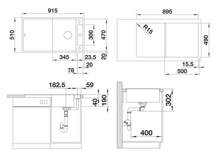 Blanco Axia III 5 - Évier en silgranit, 92x51 cm, avec commande de vidage et accessoires, InFino ...
