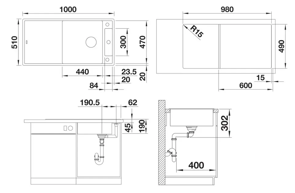 Blanco Axia III XL 6 - Évier en silgranit 100x51 cm, avec commande de vidage et accessoires ...