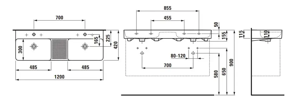 Laufen VAL - Doppelwaschbecken, 120x42 cm, mit Überlauf, 2 Hahnlöcher ...
