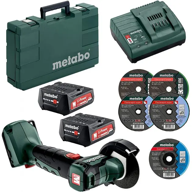 Metabo Outillage - Meuleuse d'angle sans fil 12 V 76 mm, avec accessoires, 2 batteries Li-Power ...