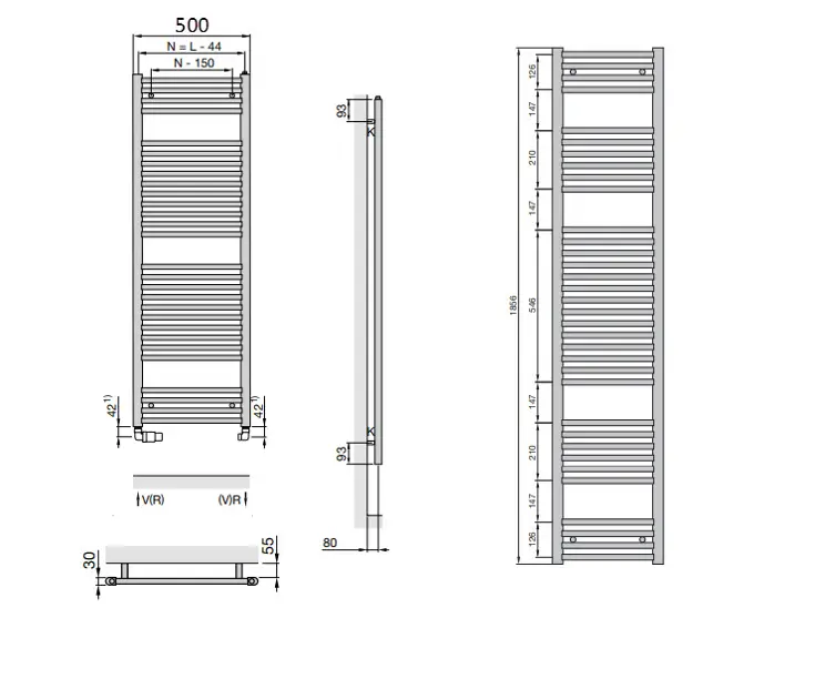 Zehnder Aura - Koupelnový radiátor 186x50 cm, rovný, vnější připojení ...