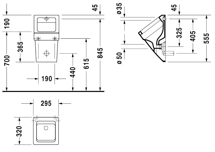 Duravit Vero - Absaug-Urinal 295x320x555 mm, verdeckter Zu- und Ablauf ...