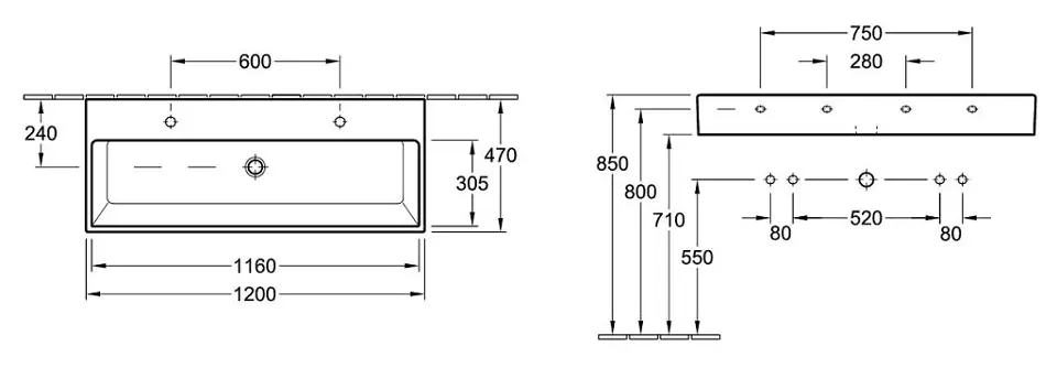 Villeroy & Boch Memento - Dvojumyvadlo 120x47 cm, s přepadem, 2 otvory ...