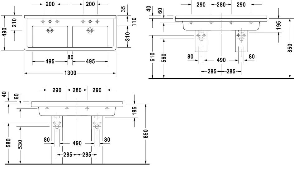 Duravit Starck 3 - Dupla mosdókagyló 1300x485 mm, elemes lyuk, fehér ...