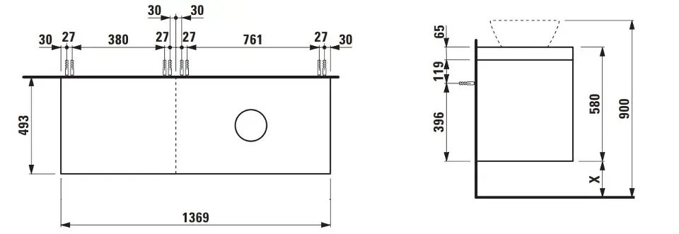 Laufen Lani - Mueble para lavabo, 58x137x49 cm, 4 cajones, recortable a ...
