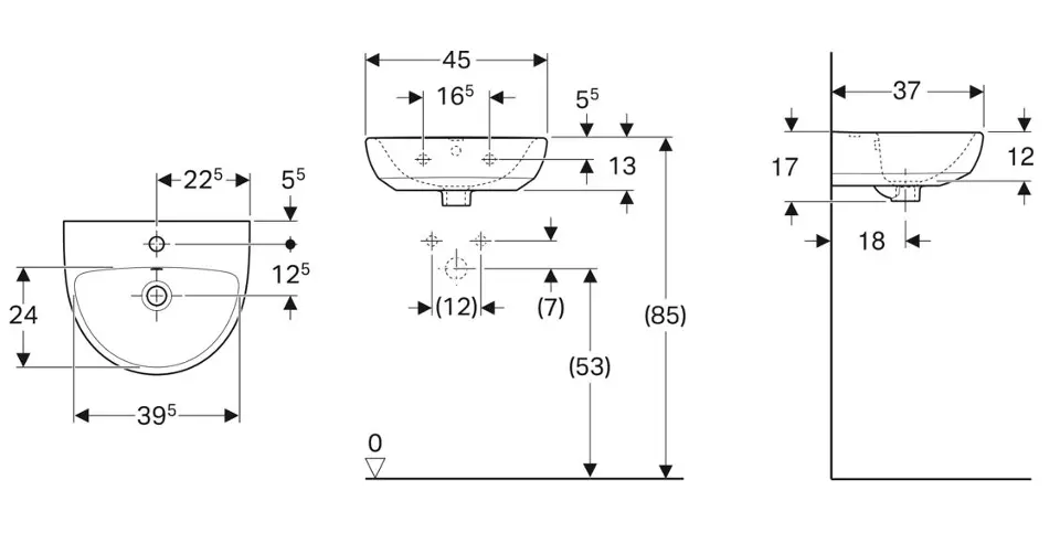 Geberit Selnova - Umývátko 45x37 cm, s přepadem, otvor pro baterii ...