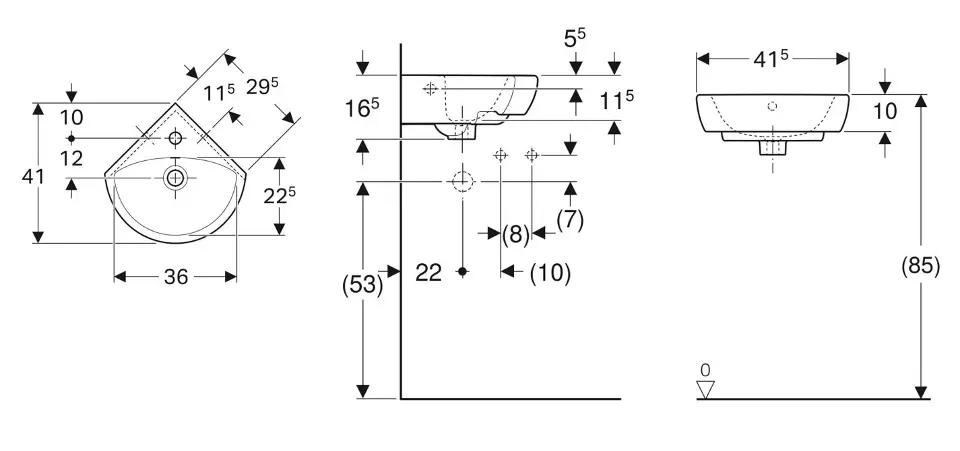 Geberit Selnova - Eckhandwaschbecken 41x41 cm, mit 1 Hahnloch, Weiß 500 ...