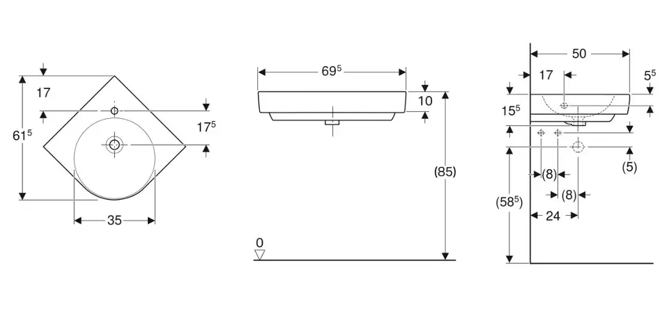 Geberit Selnova Compact - Eckhandwaschbecken 70x62 cm, mit 1 Hahnloch ...