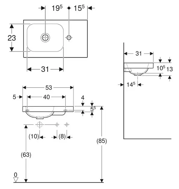 Geberit iCon - Lave-mains 53x31 cm, sans trop-plein, trou pour ...