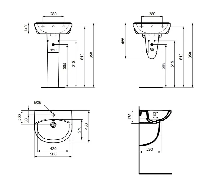 Ideal Standard Alpha - Wastafel 50x43 cm, met overloop, kraangat, wit ...