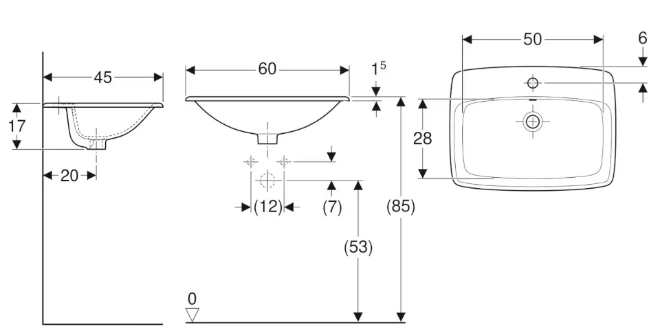 Geberit Selnova Square - Waschtisch 60x45 cm, mit Überlauf, Hahnloch ...