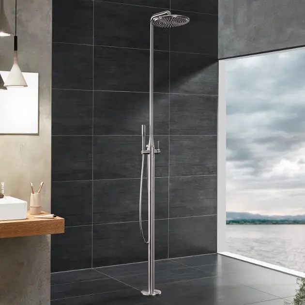Grohe Essence - Duschset mit Armatur, Bodenmontage, Supersteel 23741DC1 ...
