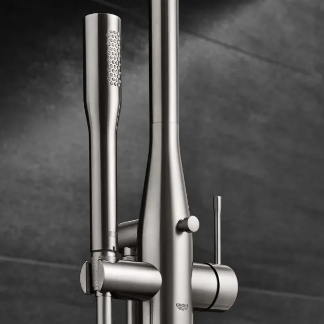 Grohe Essence - Duschset mit Armatur, Bodenmontage, Supersteel 23741DC1 ...