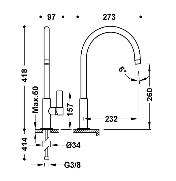 TRES Project - Umývadlová batéria s otočným výtokom, Cold-tres, oceľ ...