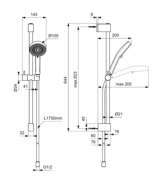 Ideal Standard Idealrain - Conjunto de ducha, flexo y barra, 2 chorros, cromo BE233AA | Sanitino.es