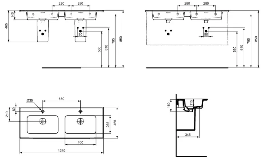 Ideal Standard Strada II - Double lavabo d’ameublement, 1.24x46 cm, 2 ...