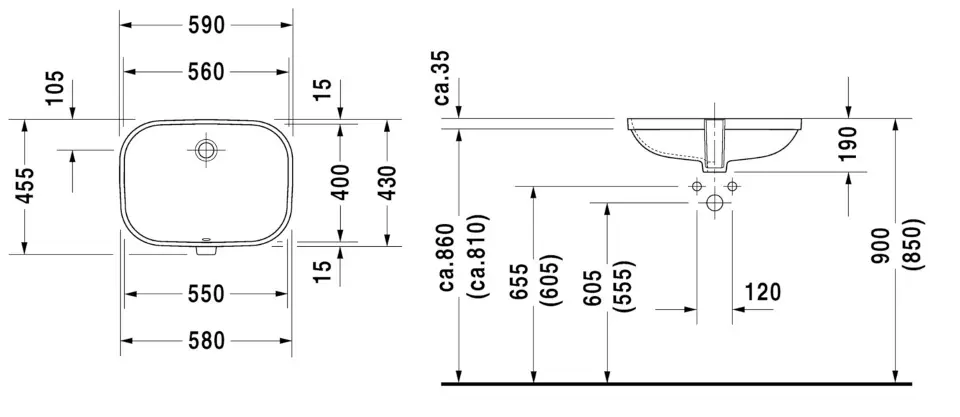 Duravit D-Code - Onderbouw wastafel 56x40 cm, zonder kraangat, alpine ...