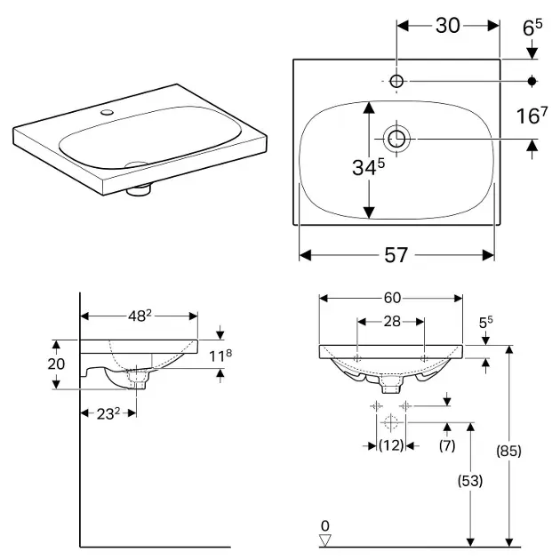 Geberit Acanto - Waschtisch 60x48 cm, mit Hahnloch und verdecktem ...