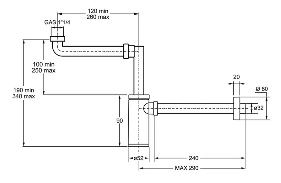 Sapho Bonomini King - Siphon d'évier gain de place, 1 1/4, bonde 32 mm ...