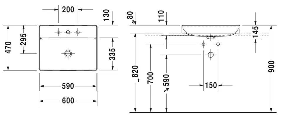 Duravit DuraSquare - Vasque 60x47 cm, avec 3 trous pour robinet ...